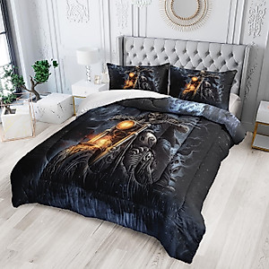 AILONEN Boys Skull Full Size Comforter Set, Motor Rider Skeleton Bone Bedding Set Howling Wolf Comforter Set,3 Pieces Galaxy Starry Skull Soft Comforter Set, 1 Quilt and 2 Pillowcases
