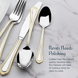 Mikasa, Gold Accent Regent Bead Flatware Service for 12, 65 Piece Set, 18/10 Stainless Steel, Silverware Set with Serving Utensils