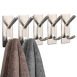 NearMoon Adhesive Hooks, Stainless Steel Bath Towel Holders No Drilling Rustproof Wall Hooks for Coat Bag Key Hat, Stick on Wall Robe Hangers for Bathroom Livingroom Kitchen, 5 Pack (Brushed Nickel)
