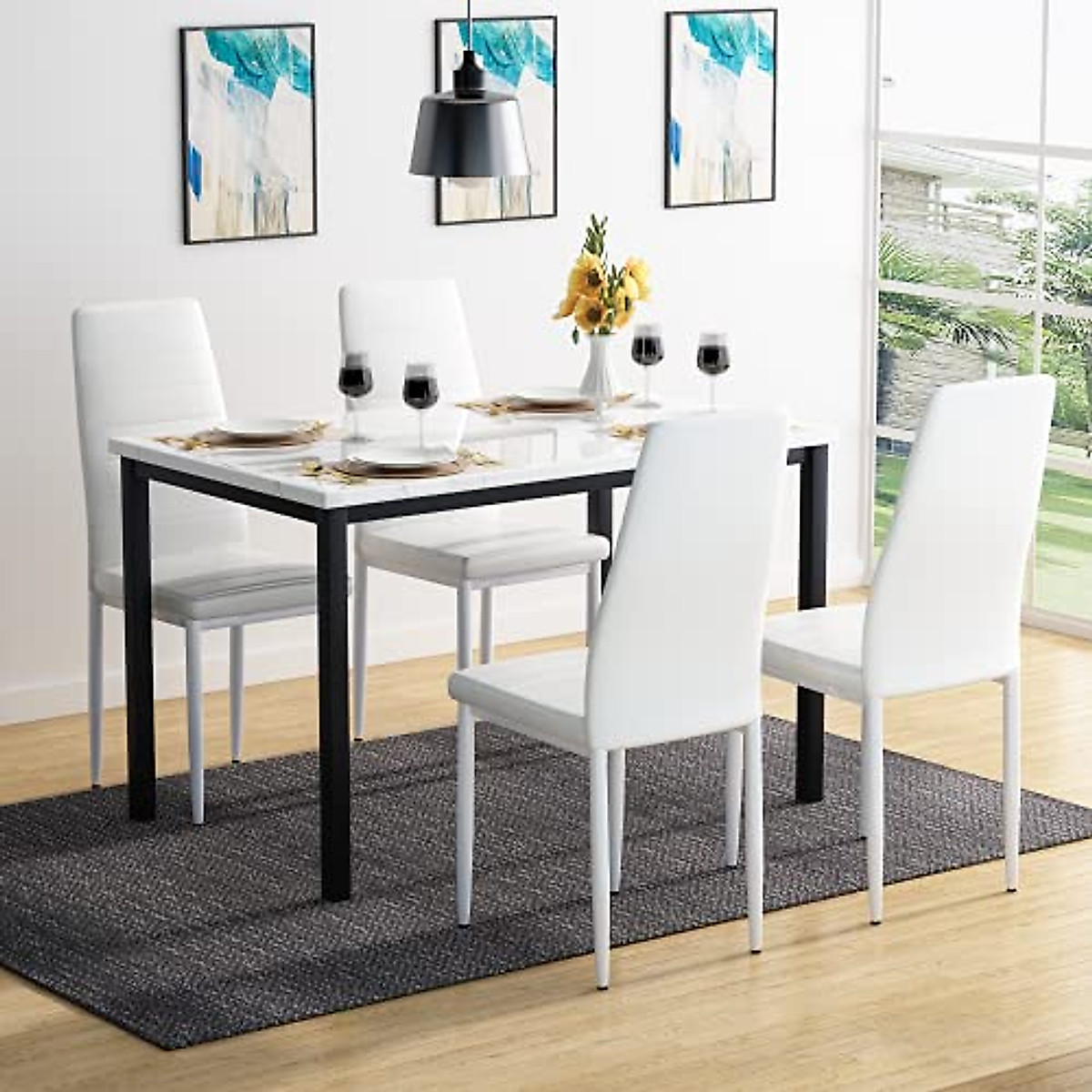 Lamerge Kitchen Tables Set for 4, Dining Faux Marble Top Table and 4 PU Leather Chairs, 5 Pieces Dining Room Table Set for Small Space, Breakfast Nook and Apartment,White+Beige,Dining Table024