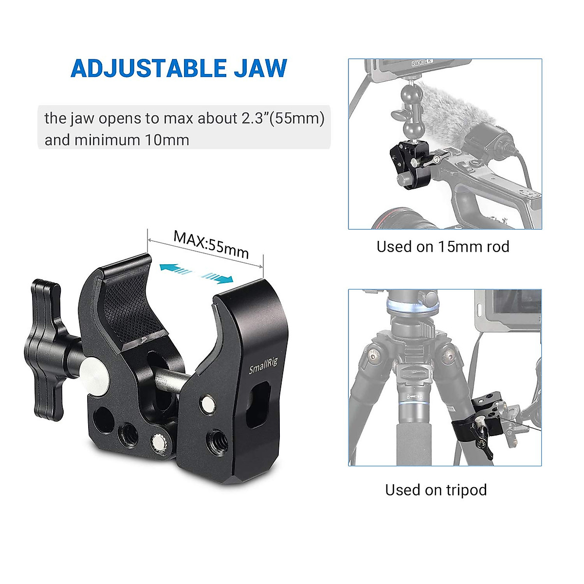 SMALLRIG Super Clamp with 1/4拻 Thread Holes, 3/8拻 Locating Pin for ARRI Standard, T-Shaped Wingnut and Rubber Pads
