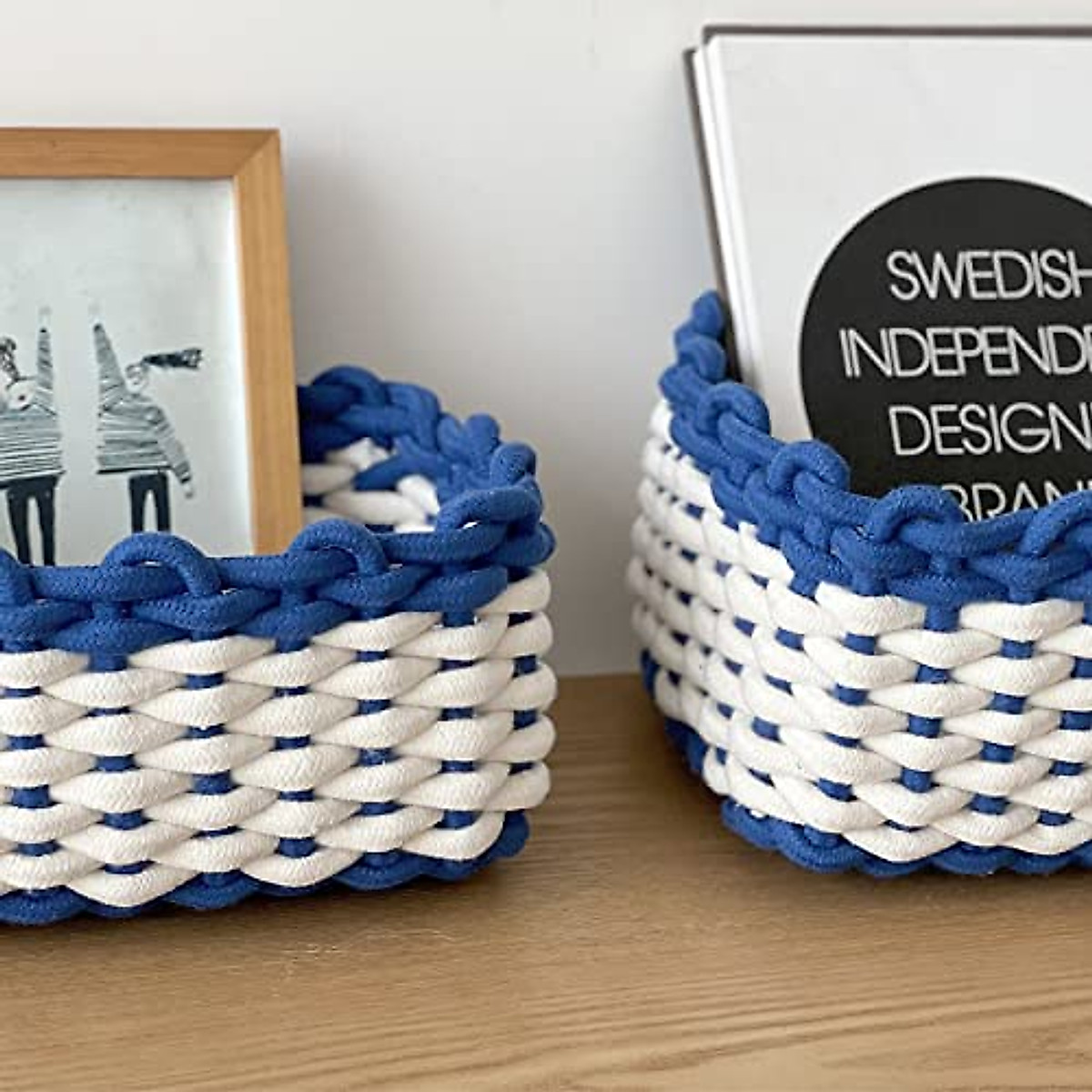 R RUNKA Small Rope Baskets for Clothes, Toys, Towels, Books - Set of 3,Decorative Baskets for Home Decor,Small Baskets for Gifts | Boho Baskets, Small Woven Basket for Nursery (Blue & Off White)