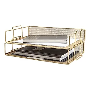 Blu Monaco Gold Desk Organizer Tray 2 Tier - Metal mesh Inbox Paper File Tray Office Supplies Stackable Desk Organizers and Accessories for Office Organization Desk Accessories & workspace Organizers