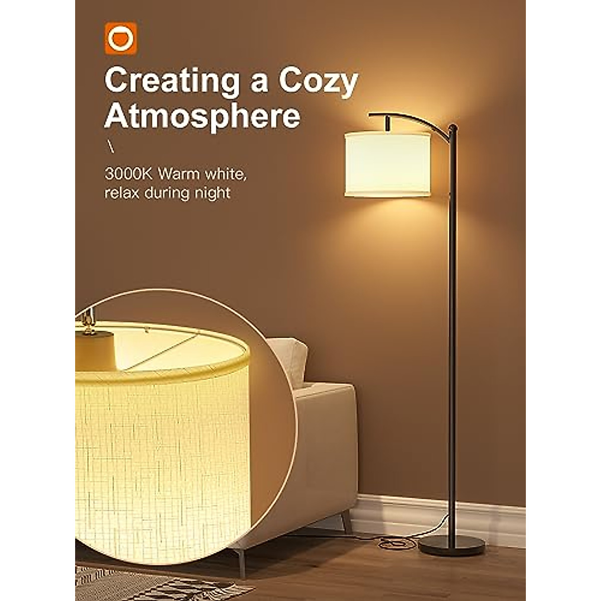 addlon Floor Lamp for Living Room with 3 Color Temperatures, Standing lamp with Linen lampshade for Bedroom, Office, Lamps with 9W LED Bulb Included - Black with Cream Lampshade