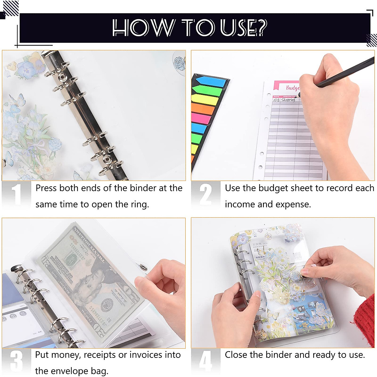 ChezMax Budget Binder,Envelope Tracker Set for Saving Money, A6 Size Cash Expense Envelopes with 1 DIY Sticker, 12 PCS Monthly Budgeting Planner & Money Organizer Pockets,1 3 Pockets Card Sheet