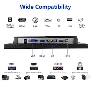 WHOLEV 10.1" LCD Rimless Monitor 1280x800 FHD Color Screen with AV VGA HDMI BNC USB Input Built-in Speaker 178° Wide Angle for Raspberry Pi Computer Display TV
