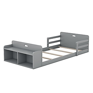 Harper & Bright Designs Twin Size Floor Bed with Storage Footboard and Guardrail, Wood Floor Bed Frame with Solid Wood Slats,Twin Bed Frame for Kids Girls Boys,Gray