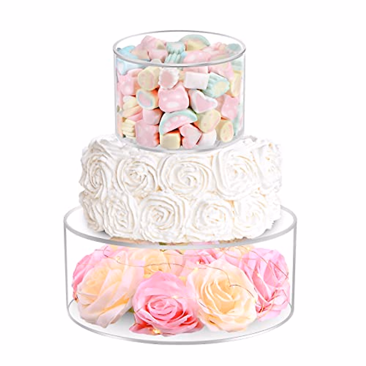 MOJIEZUO Clear Acrylic Cake Stand,Fillable Cake Riser Cake Tier,Round Cake Display Riser,Decorative Display Box with Lid for Wedding Birthday Party