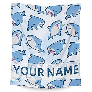 Custom Shark Blanket Gifts with Name - 30x40 Inches Cute Throw Blanket for Women & Girls - Light Blue Soft Fuzzy Plush Blankets for Couch, Office