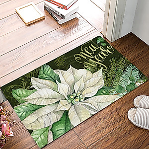 Doormat Indoor Entrance Home Decor Door Mat,Christmas Floor Rugs for Kitchen, Bathroom, Xmas White Poinsettia Green Botanical Rustic Funny Welcome Mat for Front Door24 x36
