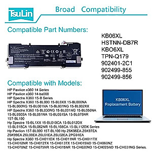 KB06XL 902499-856 902499-855 902401-2C1 Laptop Battery Replacement for HP Spectre X360 15 15-Bl012DX 15-BL0XX 15-BL1XX 15-BL002XX 15T-BL000 15T-BL100 Z6K99EA Series KBO6XL HSTNN-DB7R TPN-Q179