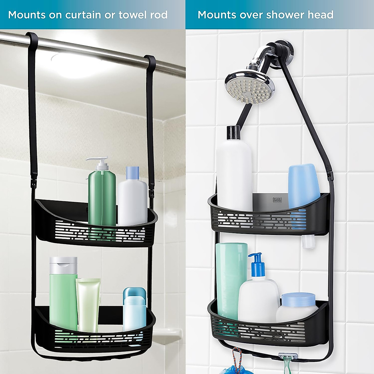 BLACK+DECKER 2-Way Convertible Hanging Anti-Swing Shower Caddy, 2 Way Adjustable Arm, Over The Door, Loofah & Razor Hooks, Storage & Organization, Large and Small Bottles and More, Black