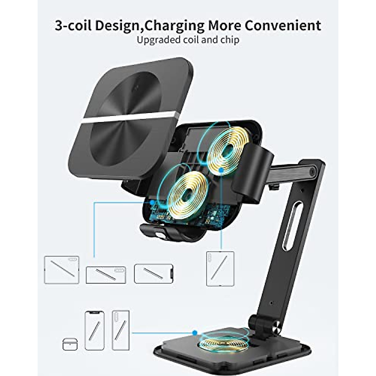 MAKAQI 2 in 1 Charging Station for Z Fold 4/3/2, Aluminium Alloy 3 Coils Fast Wireless Charger Stand for Samsung Galaxy Buds 2 Pro/Buds Pro/Buds 2 / Buds Live (with 20W Adapter)