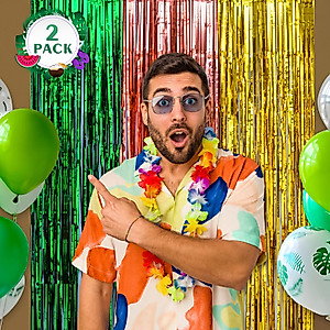 LOLStar Hawaiian Luau Party Decorations, 2 Packs of 3.3x6.6 ft Green Brown and Yellow Foil Fringe Curtains Tinsel Photo Booth Props, Streamer Backdrop for Hawaiian Tropical Party Decorations