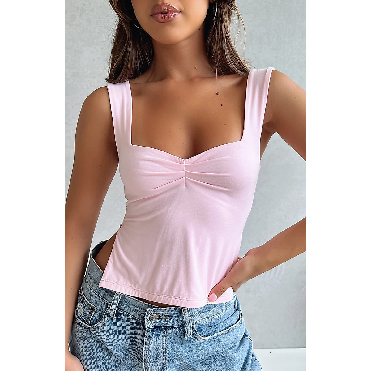 BAIGRAM Women’s Sleeveless Slim Crop Tank Top Sexy Pleated Bustier Sweetheart Neck Strappy Slits Cropped Vest Cami Pink