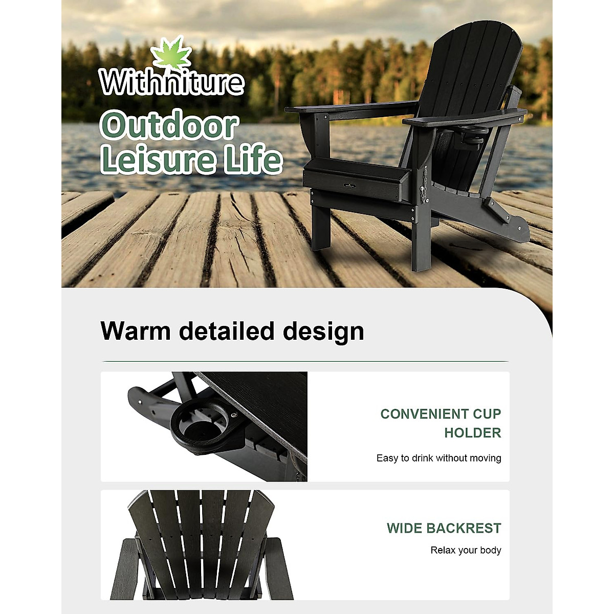 Withniture Folding Adirondack Chairs Set of 2, HDPE Adirondack Chair Wood Texture Plastic Adirondack Chairs with Cup Holder, Weather Resistant Fire Pit Chairs for Backyard Deck