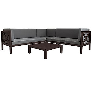 Merax Patio Furniture Sets 4 Pieces, Outdoor Solid Wood Sectional Sofa with Soft Cushions & Coffee Table, Grey