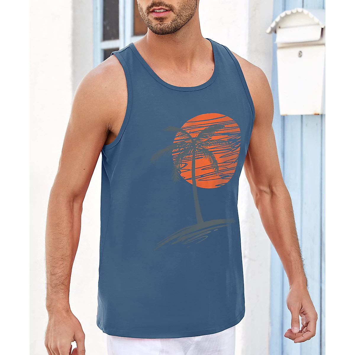 Damorong Mens Sleeveless Tank Tops Workout Gym Shirts Palm Tree Vintage Style T-Shirt Blue