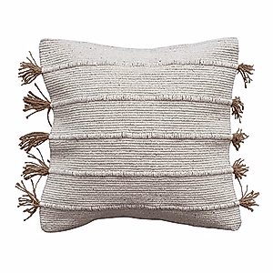 Creative Co-Op Boho Woven Jute and Cotton Throw Embroidery and Tassels, Natural Pillow, Ivory