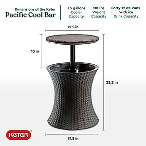 Suncast 22 Gallon Small Resin Storage Seat, Java, SSW600J & Keter Pacific Cool Bar Outdoor Patio Furniture and Hot Tub Side Table with 7.5 Gallon Beer and Wine Cooler, Dark Grey