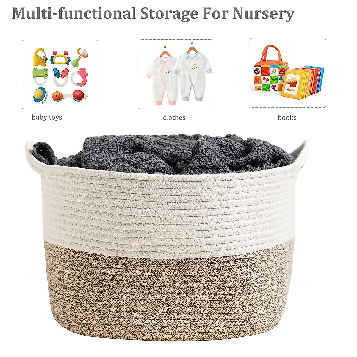 JIA QAQ Square Cotton Rope Samll Baskets With Handles for Nursery, Toys, Household, Nursery, Handcrafted Woven Gift Baskets for Storage and Organization,13.5x11x9.5inch (white-champagne)