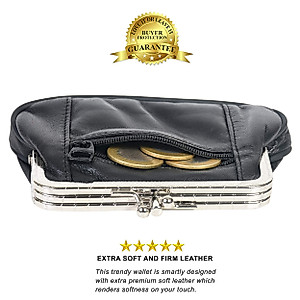 Women's Leather Metal Frame Double Clasp Zipper Coin Purse 5 1/4" x 3 1/4" (Black)