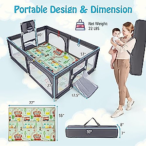 Costzon Large Baby Playpen with Mat, Playpen for Babies and Toddlers w/Basketball Hoop & Soccer Nets, Pull Rings & Ocean Balls, Zippered Gates, Portable Indoor Safety Sturdy Play Yard (Dark Gray)