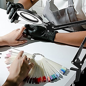 Magnifying Glass with Light and Stand, 3 Color Modes Stepless Dimmable, 5-Diopter Glass Lens, Adjustable Swivel Arm, LED Magnifier Desk Lamp for Close Work, Repair, Crafts, Reading - Long