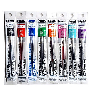 Pentel LR7 Refills for EnerGel Gel Pen, 0.7mm Metal Tip - Set of 8 Colors - Black, Blue, Red, Green, Orange, Pink, Sky Blue & Violet - Supplied Loose