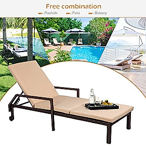 AECOJOY Chaise Lounge Chairs for Outside Outdoor Lounge Chairs, Adjustable PE Rattan Wicker Patio Pool Lounge Chair with Cushion and Wheels for Poolside Backyard Deck Porch Garden, Brown