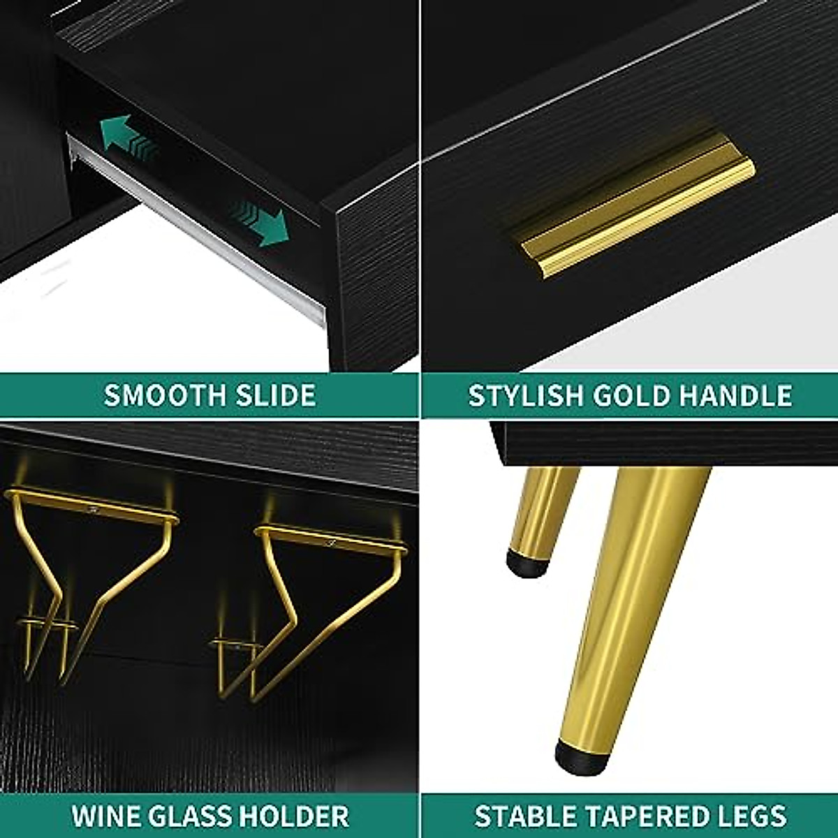 YITAHOME Sideboard Buffet, Buffet Cabinet Storage Credenza w/Adjustable Shelf, Wine Glass Holder, Drawers, Modern White & Gold Dresser 300 lbs Capacity for Living Room, Kitchen, Dining Room, Black