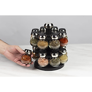 Olde Thompson Orbit Rotating Spice Rack, 16 Refillable Spice Jars With Shaker Tops And Labeled Lids For Frequently Used Spices