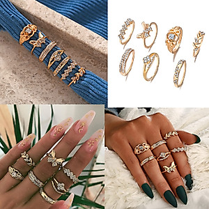 CJIAYUJEW 62 Pcs Vintage Gold Knuckle Rings Set,Stackable Finger Rings Vintage Knuckle Rings Set,Bohemian Hollow Carved Flowers Gold Rings Midi Rings for Women Grils Crystal Joint Rings (Gold-62pcs)