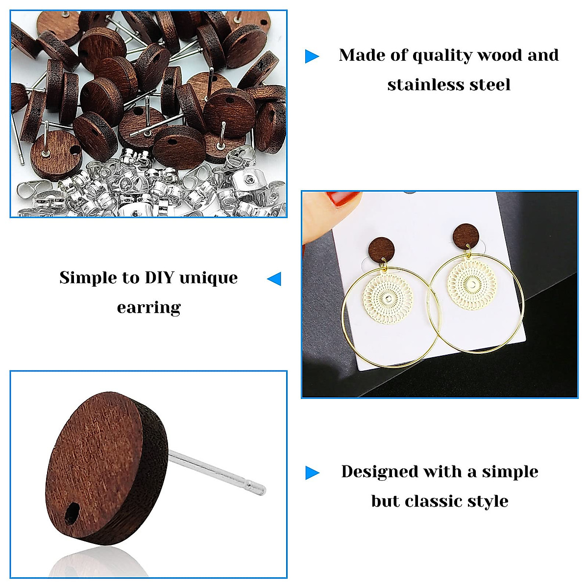 Wooden Earring Studs for Jewelry Making,100Pcs Wood Earring Posts Earrings Findings Wood Round Stud Earrings with Loop Earring Pin Stud Bulk with Earrings Backs for DIY Earrings Making Supplies