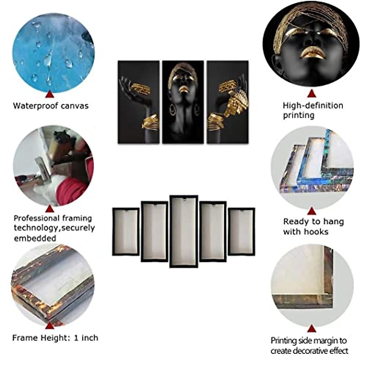 African Picture Wall Decor, Black Gold Wall Art Canvas Prints African Woman Paintings for Living Room Bedroom Bathroom Home Decor Framed (12''W x 24''H x3)