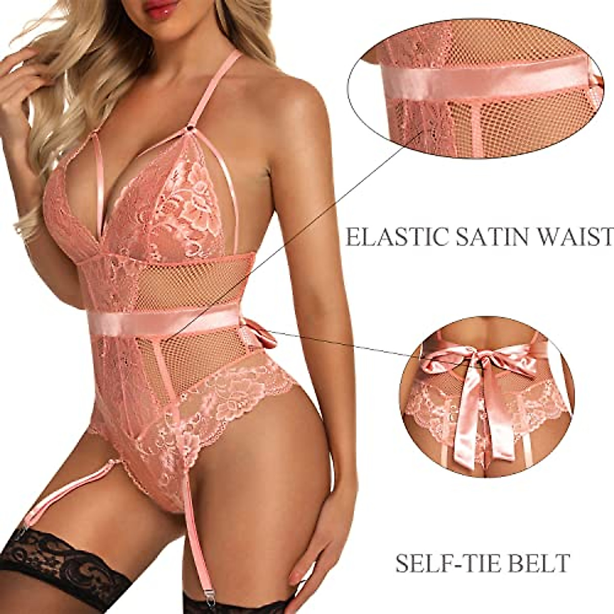 Donnalla Women Lingerie Sets with Garter Belt Sexy Garter Lingerie Lace Bodysuit One Piece Exotic Teddy (No Stockings) (Light Pink XX-Large)