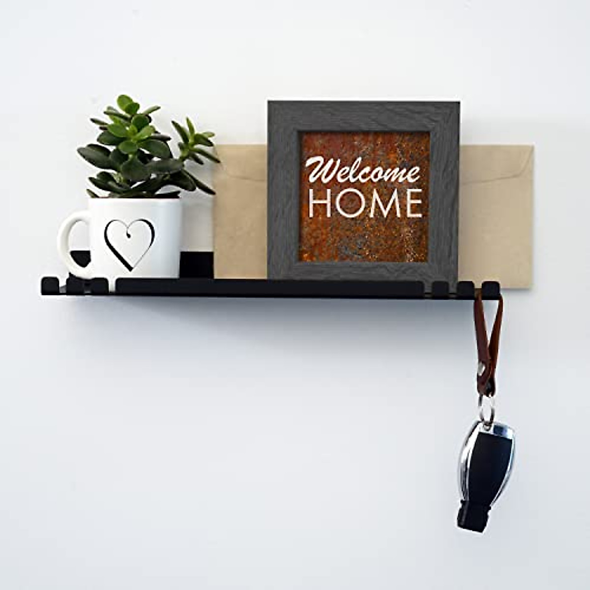 ALLWELL SELECT Small Floating Shelf Organizer with Hooks for Keys and Mail, Jewelry, Phones, Cables – for Entryway, Hallway, Kitchen, Office, Bedroom, Mudroom, Bathroom, or Desk (12", Black)