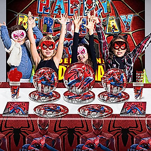Spider Party Supplies Superhero Birthday Set, Including Plate, Napkin, Cup, Knife Fork, Spoon, Tablecloth、Straws and Pull flags， Spider Birthday Decorations For Boys and Girls