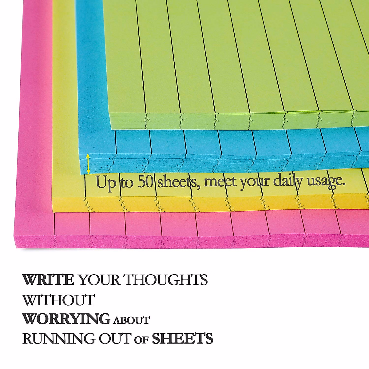 Sticky Notes, 4 Colors 200 Sheets Lined Post Memos, 4" x 6" Removable Self Stick Notes Pad with Lines for Office, Home, & School, Pink, Yellow, Baby Blue & Grass Green (Pack of 4)