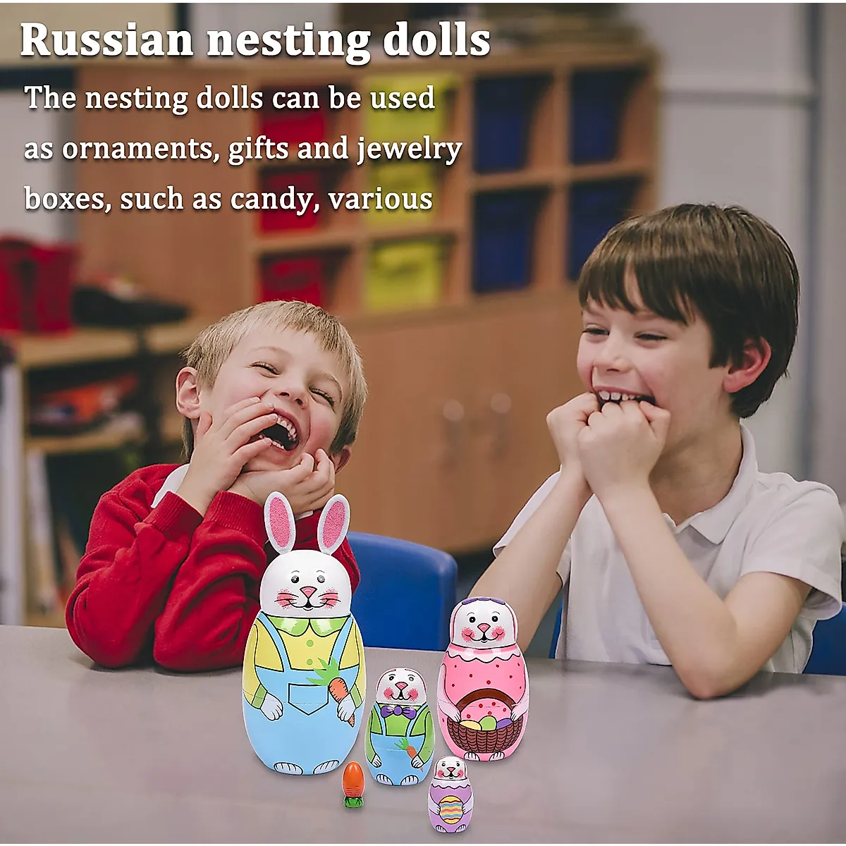 HYSIGUAN Easter Bunny, Handmade Easter Wooden Toys for Toddlers, 5 Pcs Russian Nesting Dolls, Special Easter Eggs Decoration for Home, Gifts, Table, Bedroom, Kitchen (Rabbit)