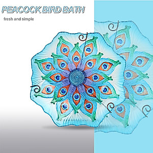 OUISJYER Bird Baths for Outdoors, Peacock Feather Glass Birdbath & Birdfeeder with Metal Pedestal Stake Garden Yard Lawn Decor (31.5" H * 11.5" W)