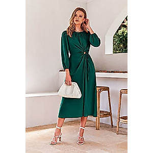 PRETTYGARDEN Women's 2023 Satin Maxi Dress Puff Long Sleeve Crewneck Cutout Casual A-line Long Flowy Dresses (Dark Green,X-Large)