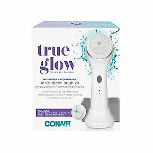 Conair True Glow Sonic Facial Brush Kit, Waterproof and Rechargeable with 2 Brush Heads and Cosmetic Storage Pouch