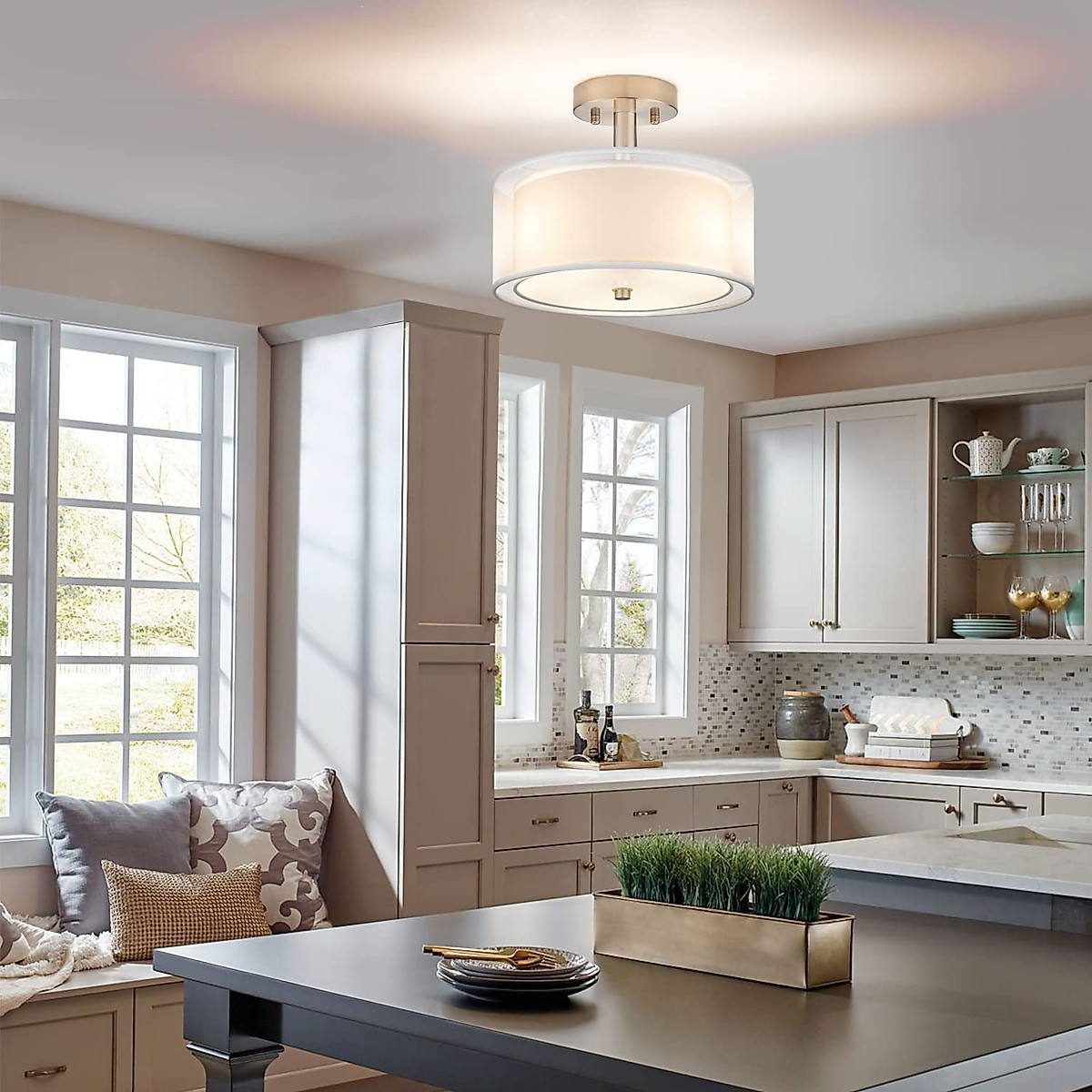 FOLKSMATE 3-Light Semi Flush Mount Ceiling Light Fixture, Drum Light with Double Fabric Shade, Modern Close to Ceiling Lamps for Dining Room Kitchen