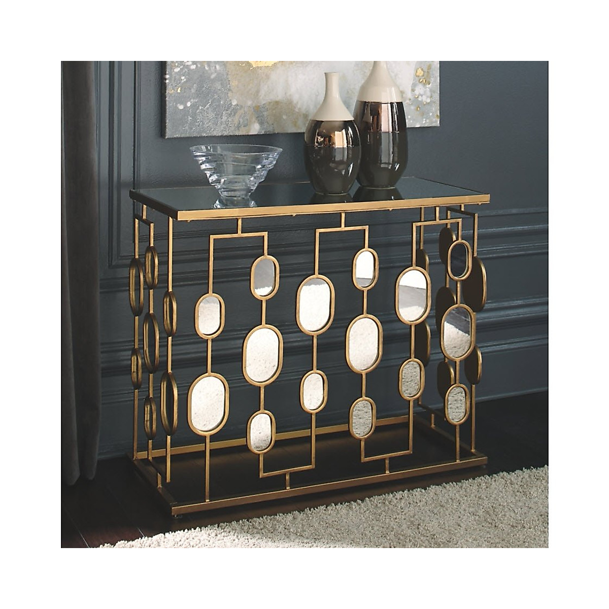 Signature Design by Ashley Majaci Retro Mirrored Glass Top Console Table, Gold Finish