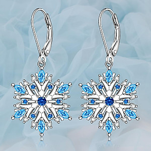 Snowflake Earrings for Women Sterling Silver Winter Snow Flower Leverback Drop Dangle Earrings Blue Sapphire Holiday Christmas Jewelry Gifts