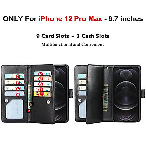 Varikke for iPhone 12 Pro Max Case Wallet, Detachable Magnetic Flip Fits iPhone 12 Pro Max Wallet Case for Women Men with Card Holder & Kickstand & Wrist Strap Glitter PU Leather Cover 6.7", Black