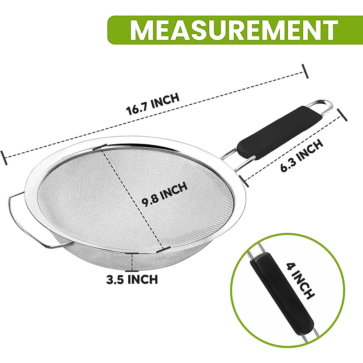 Kafoor 10" Large Fine Mesh Strainer with Thermo Plastic Rubber Handle - Sieve Fine Mesh Stainless Steel - Ideal to Strain Pasta, Quinoa and Rice (10" Black)