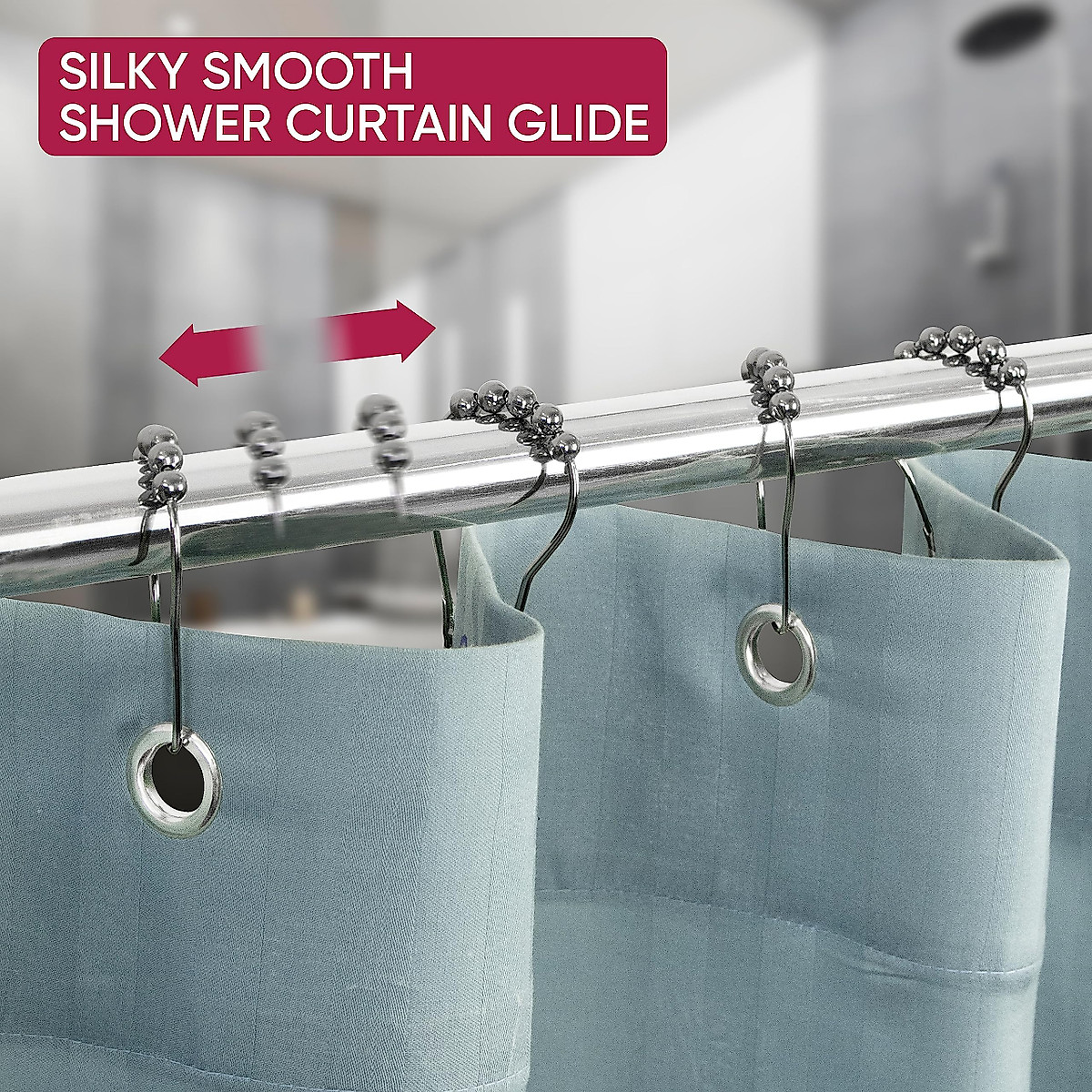 Shower Curtain Hooks Rust Proof (Set of 12) - Stainless Steel Shower Curtain Rings - Anti Slip Roller Balls for Easy Glide (Secure Lock Hooks, Polished Nickel)