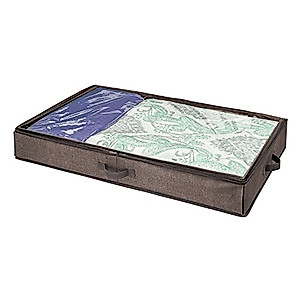 mDesign Soft Fabric Under Bed Storage Organizer Holder Bag for Clothing, Accessories, Linen - Easy-View Top Panel, Attached 2-Way Zippered Lid, Side Handles - Espresso Brown